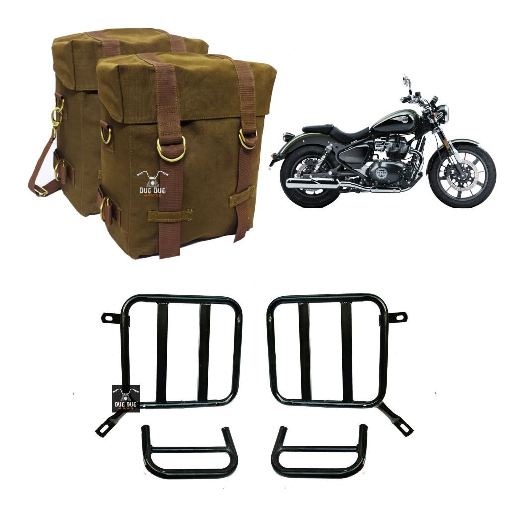 Dug Dug Canvas Bags and Saddle Stay Set for Royal Enfield Super Meteor ...